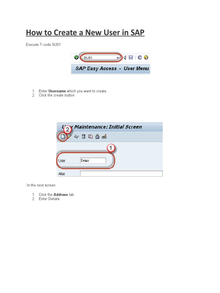 How To Create A New User in SAP: Execute T-Code SU01 | PDF