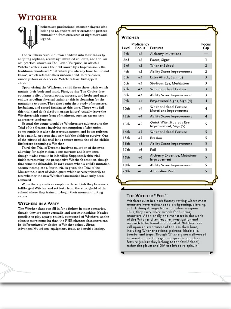 Witcher Class - 5e | Download Free PDF | Nature