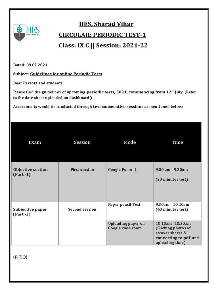HES, Sharad Vihar Circular: Periodic Test-1 Class: IX C - Session: 2021 ...