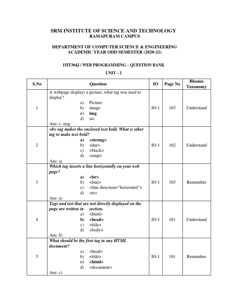 Web Programming Question Bank Pdf Html Element Html 7865