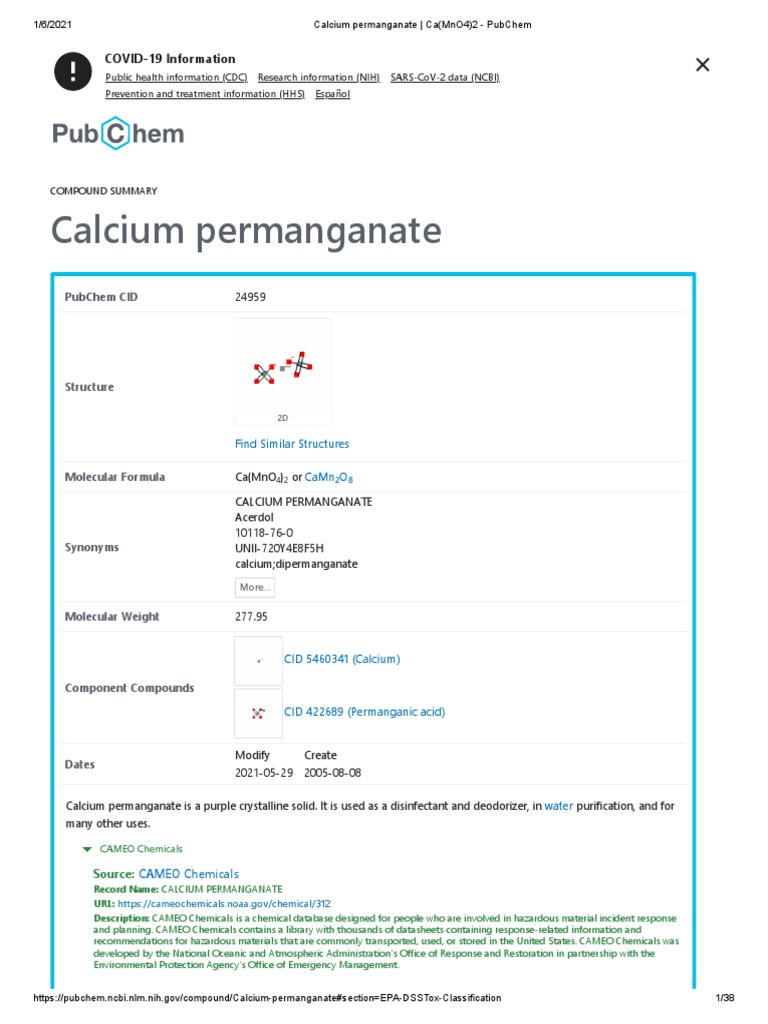 Calcium Permanganate - CA (MnO4) 2 - PubChem | PDF | Occupational ...
