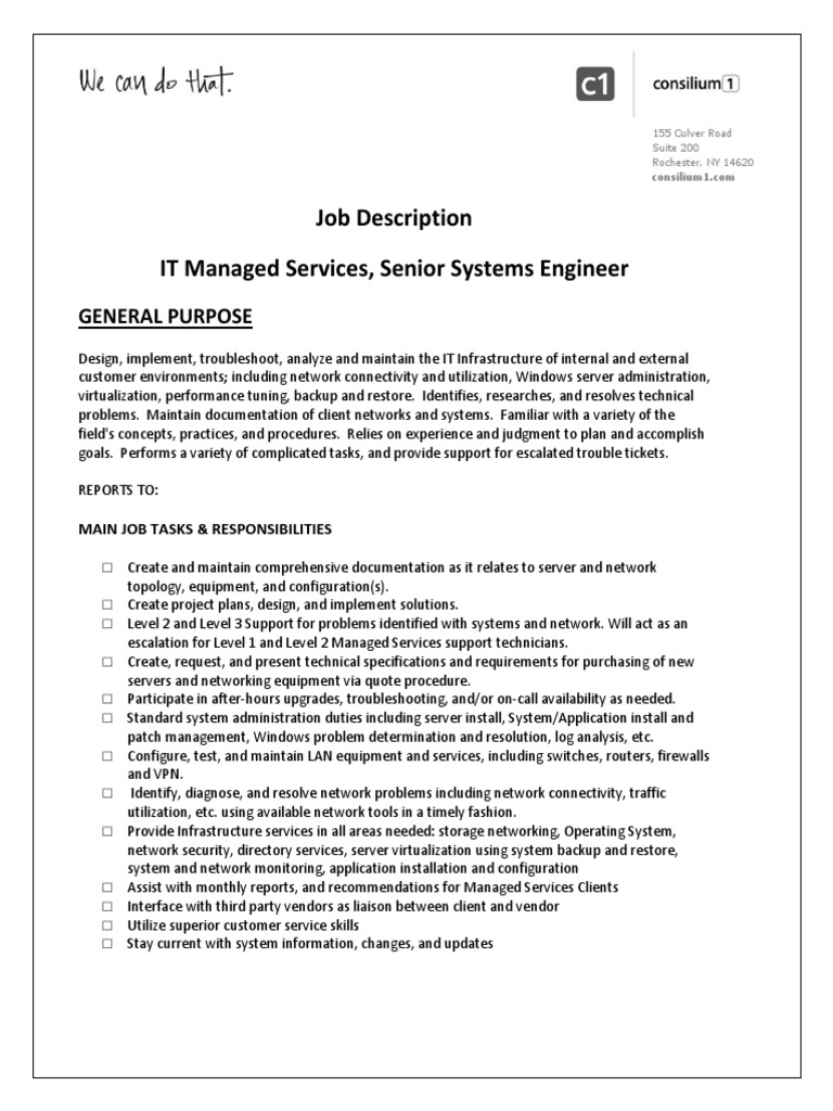 Job Description IT Managed Services, Senior Systems Engineer | PDF ...