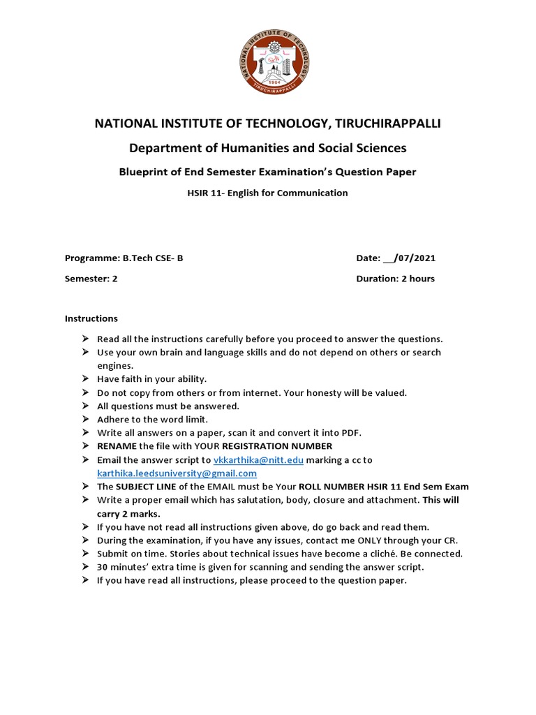 Blueprint of End Semester Examination's Question Paper | PDF | Question ...