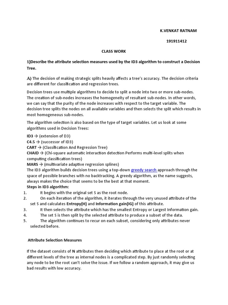K.Venkat Ratnam 191911412 Class Work 1) Describe The Attribute Selection Measures Used by The ...