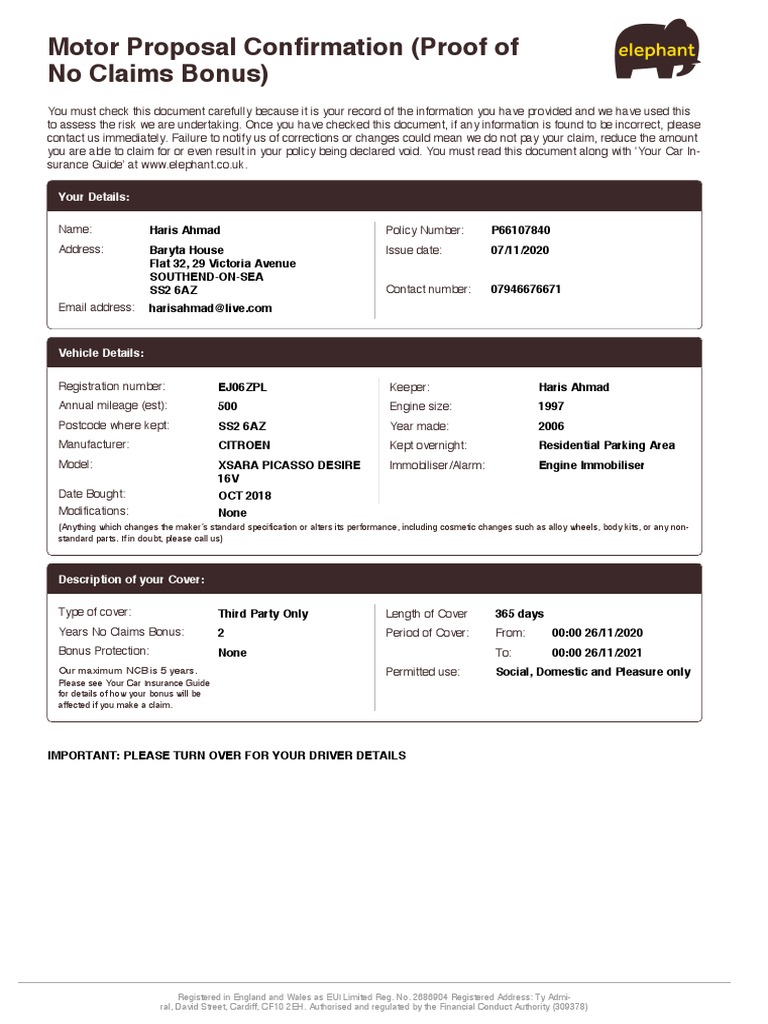 Motor Proposal Confirmation | PDF | Vehicle Insurance | Insurance