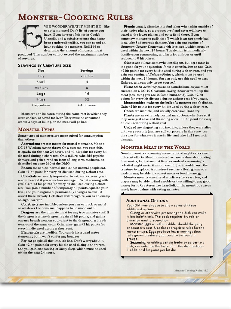 D&D 5e Monster Cooking Rules | PDF | Monsters | Meat