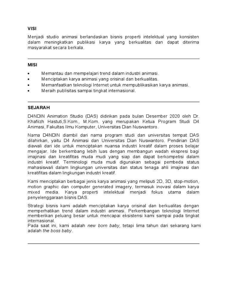 Studio Animasi D4NDIN: Visi dan Misi | PDF | Seni
