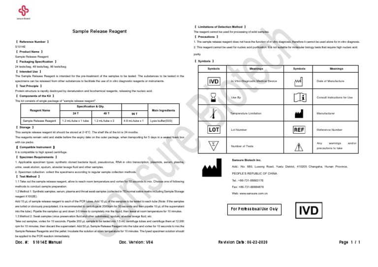 Manual Sample Release Reagent S1014E RUO 20200623 | PDF | Reagent ...