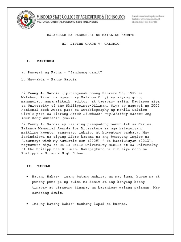 Balangkas Sa Pagsusuri NG Maikling Kwento | PDF