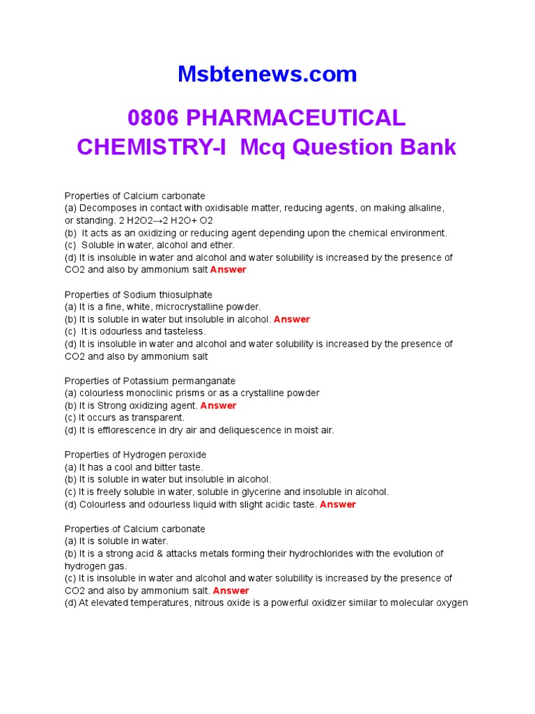 Pharmaceutical Chemistry 1 MCQ Questions With Answers PDF 1 | PDF ...