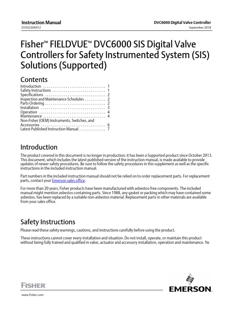 Instruction Manual Fieldvue Dvc6000 Sis Digital Valve Controllers For Safety Instrumented System ...