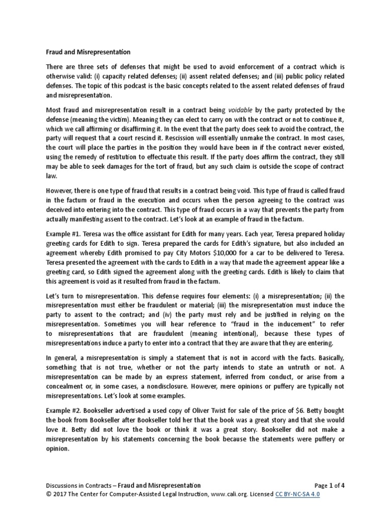 Fraud and Misrepresentation: Discussions in Contracts - of | PDF ...