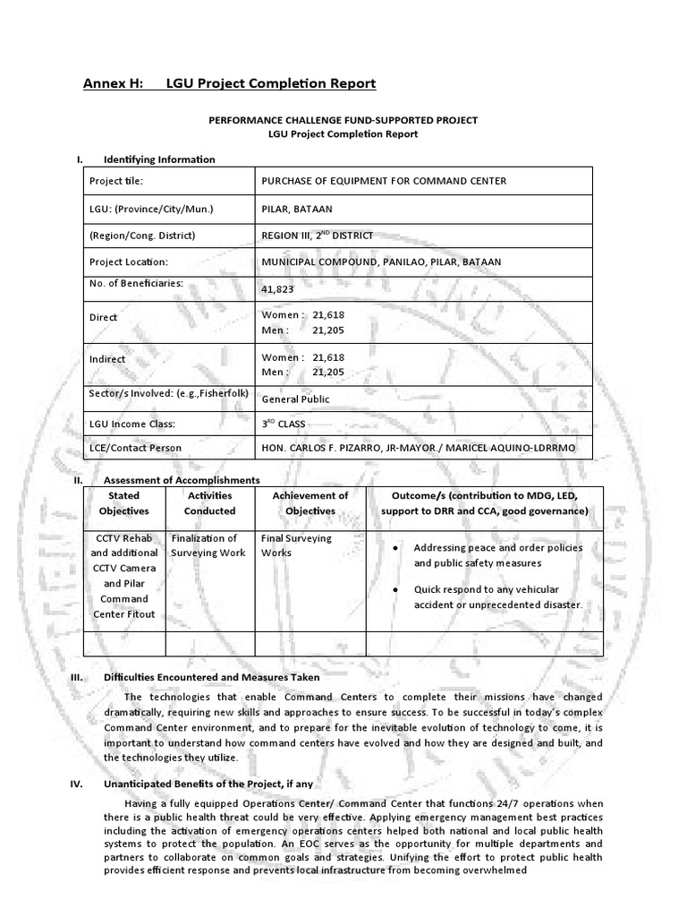 H. LGU Project Completion Report | PDF | Emergency Management | Economies
