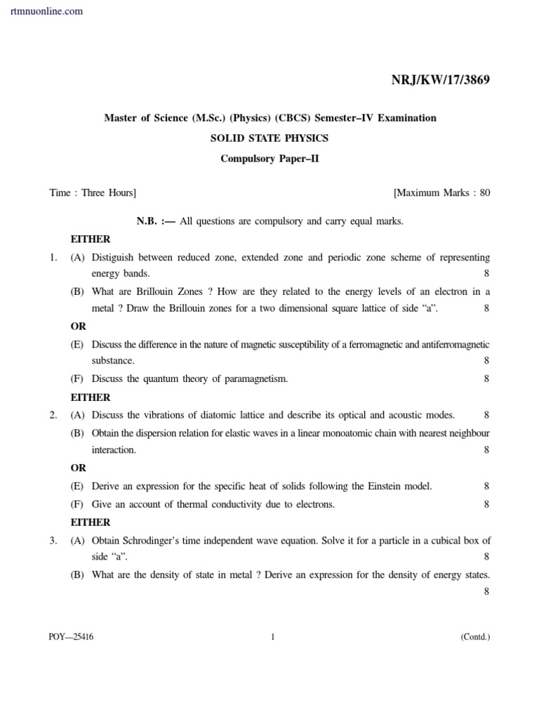 Master of Science (M.SC.) (Physics) (CBCS) Semester-IV Examination ...