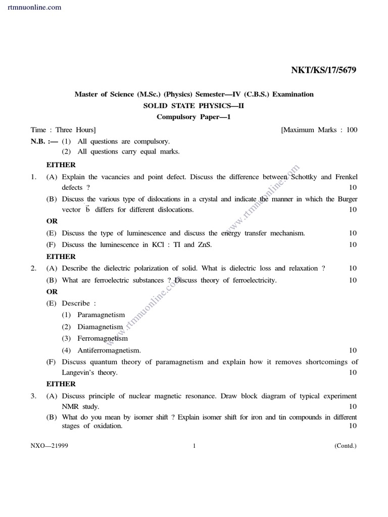 Master of Science (M.SC.) (Physics) Semester-IV (C.B.S.) Examination Solid State Physics-Ii ...