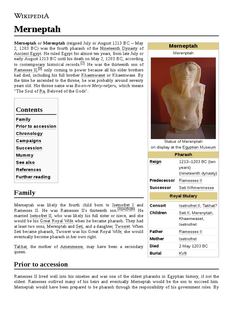 Merneptah: Merneptah or Merenptah (Reigned July or August 1213 BC - May ...