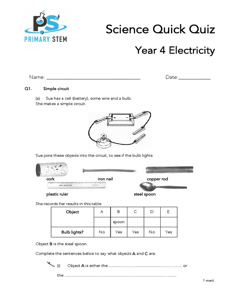 Year 4 Electricity Quiz | PDF | Wire | Electromagnetism