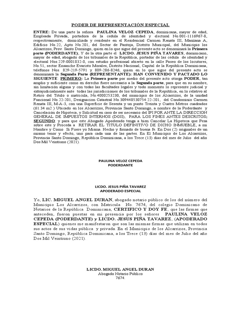 Poder De Representación Legal Jesus Piña Paulina Veloz Pdf