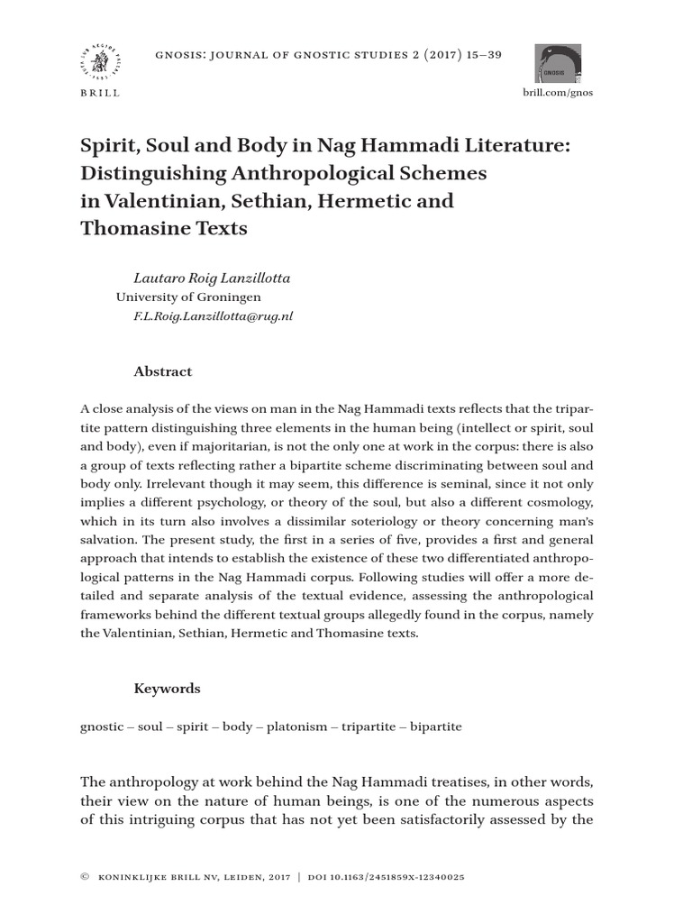 Spirit, Soul and Body in Nag Hammadi Literature: Distinguishing ...