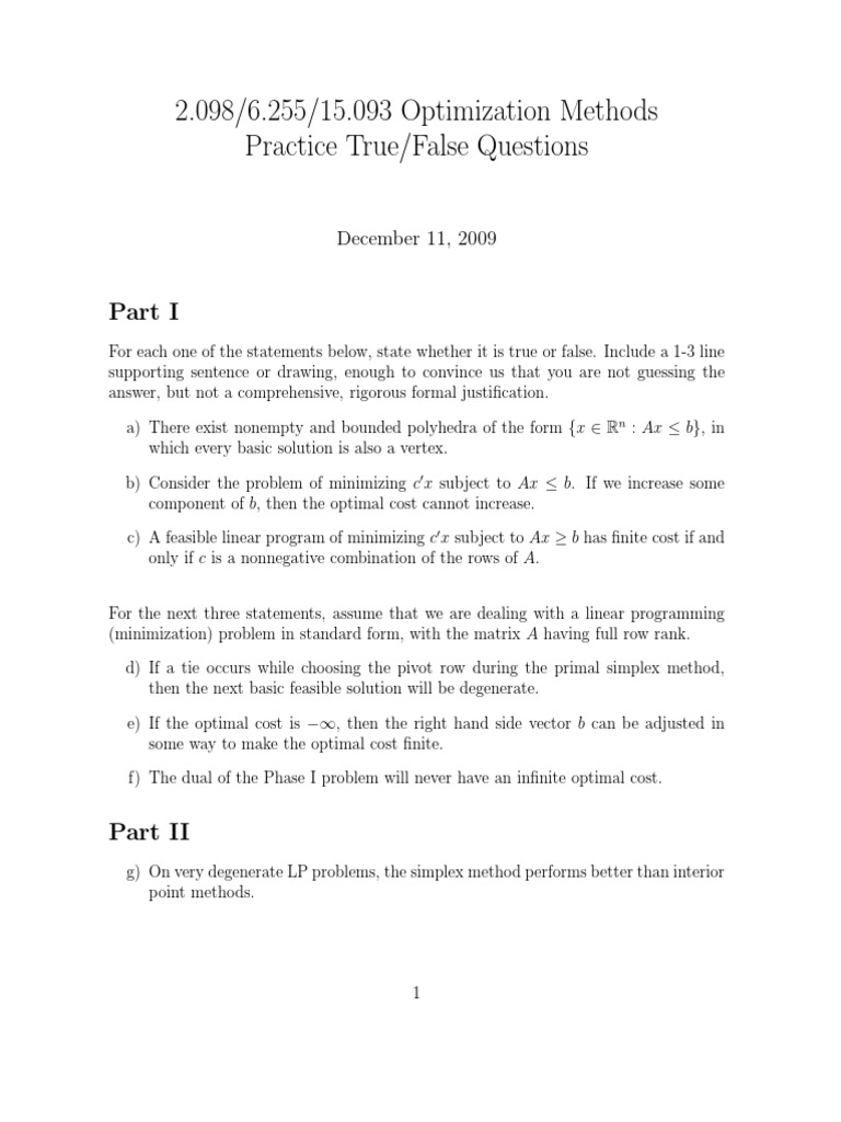 2.098/6.255/15.093 Optimization Methods Practice True/False Questions ...