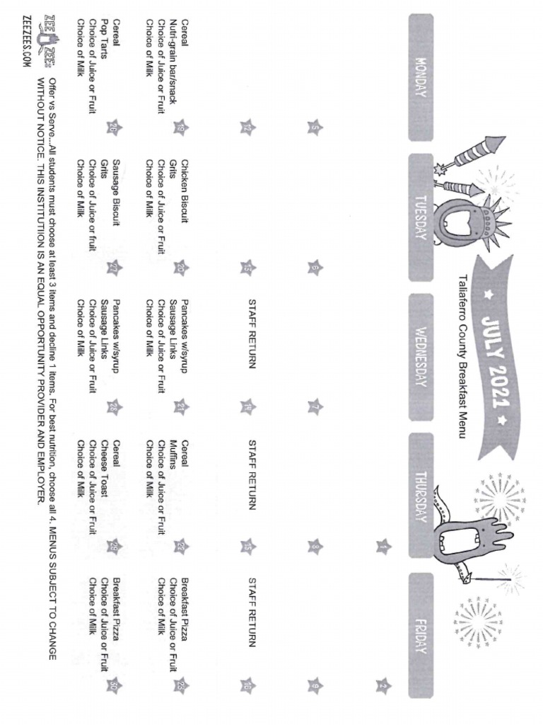 TCS Breakfast and Lunch Menus 7 - 21 | PDF
