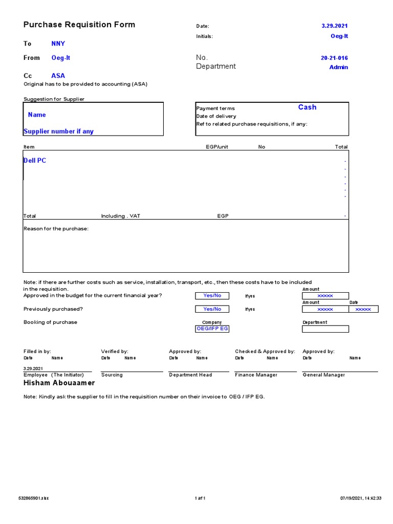 Purchase Requisition Form for New Dell PC and Associated Office ...
