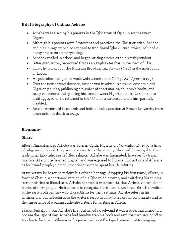 Brief Biography of Chinua Achebe | PDF | Unrest