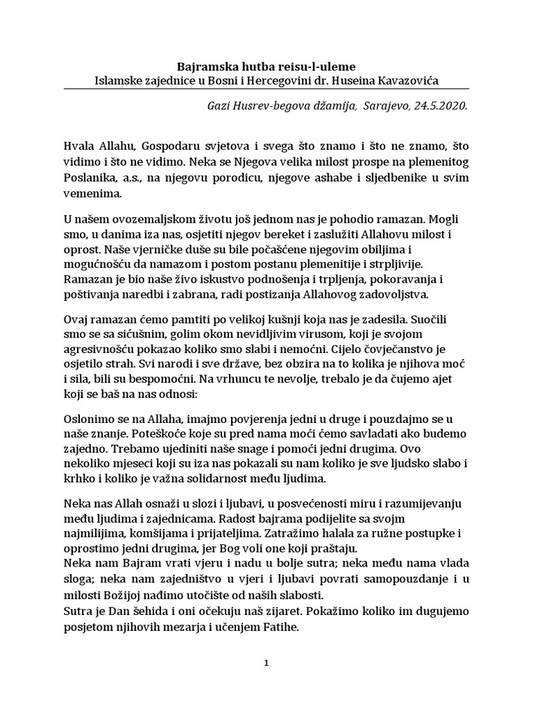 Reisulemina - Hutba - Ramazanski Bajram - 2020 | PDF