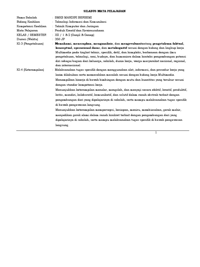 Silabus Produk Kreatif Dan Kewirausahaan Kelas XII TKJ | PDF | Komputer
