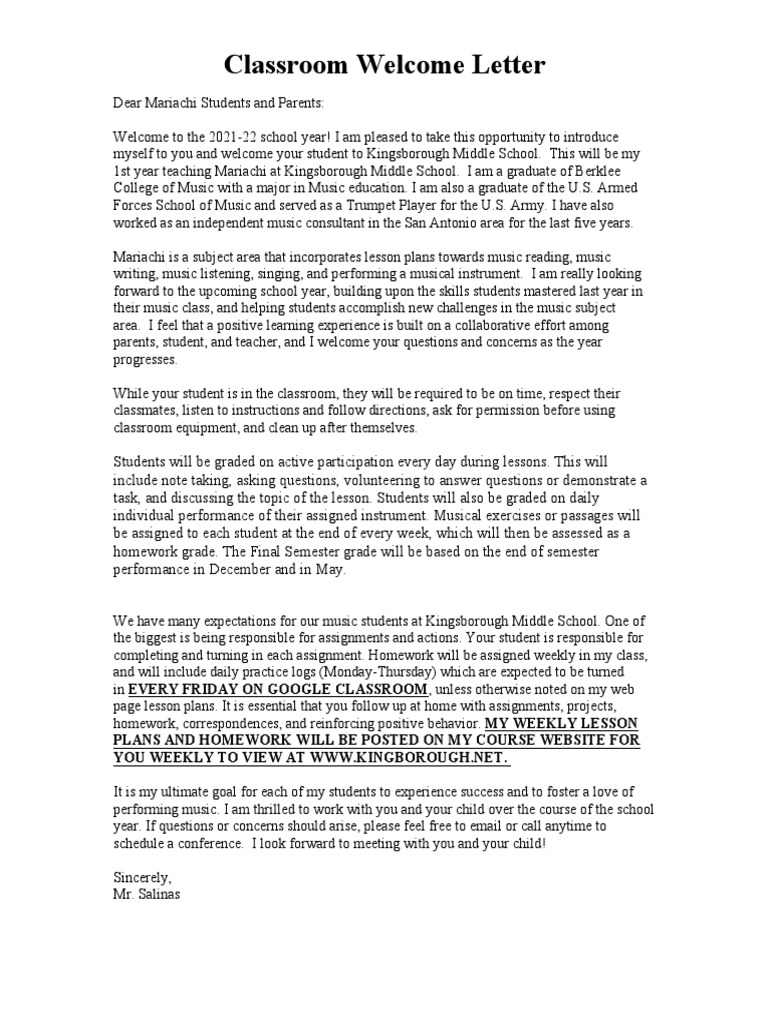 Classroom Welcome Letter | PDF | Lesson Plan | Education Theory