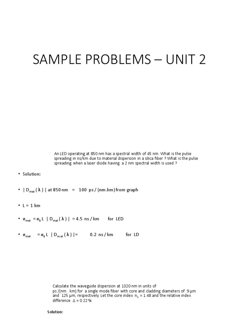 Sample Problems - 1 | PDF | Dispersion (Optics) | Fiber Optic Communication