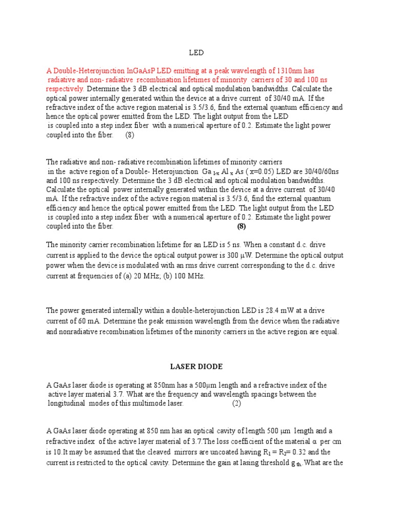 PROBLEMS | PDF | Laser Diode | Optical Fiber