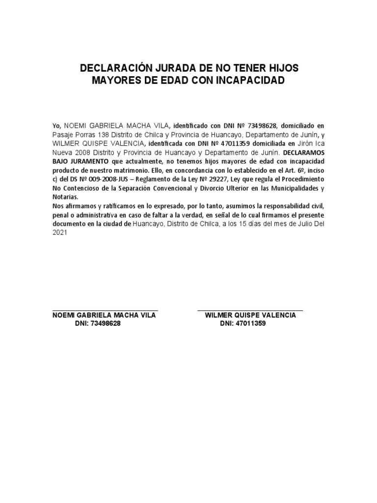 Declaracion Jurada No Tener Hijos Mayores de Edad Con Incapacidad | PDF