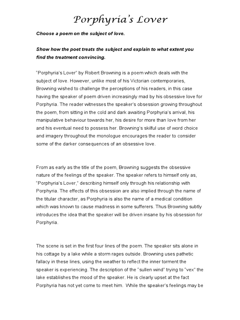 Porphyria's L0ver: Choose A Poem On The Subject of Love | PDF | Anger ...