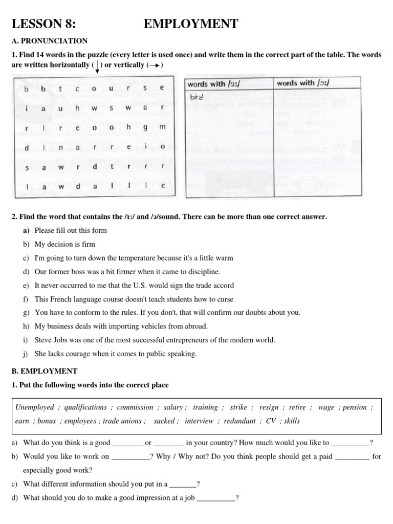 Lesson 8: Employment | PDF | Labor | Employment