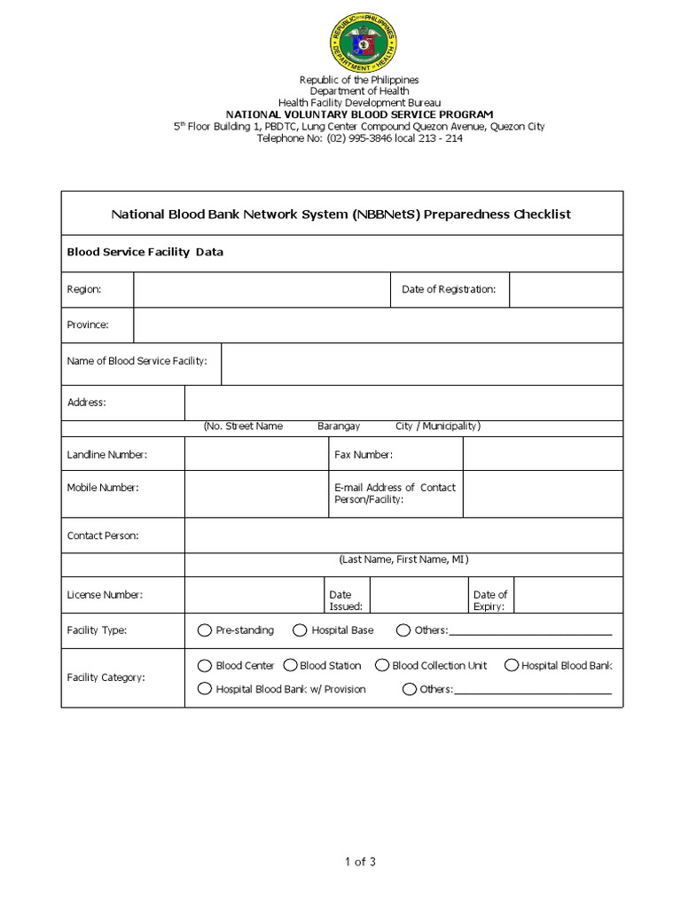 National Blood Bank Network System (Nbbnets) Preparedness Checklist ...