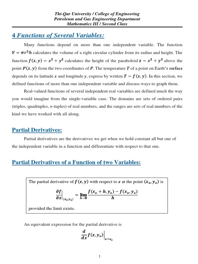 Chapter 4 Functions of Several Variables | PDF | Derivative | Gradient