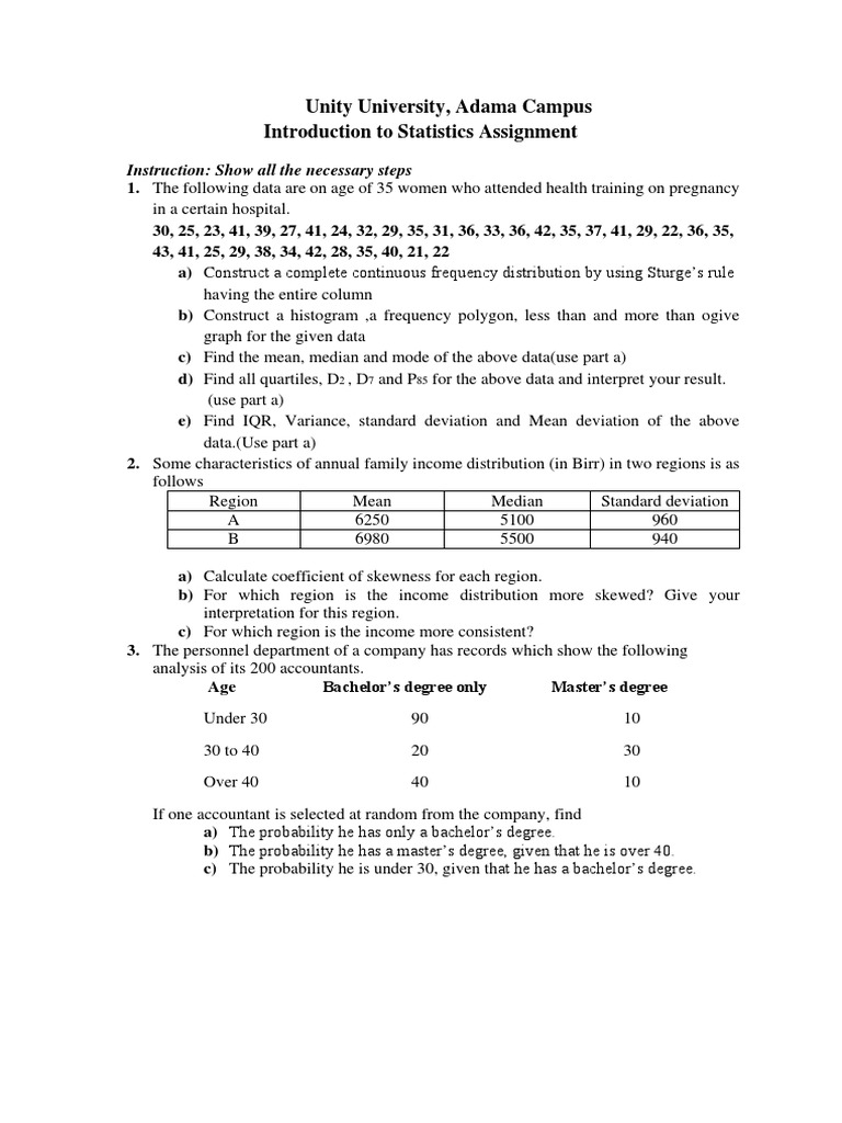 Unity University Adama Campus Introduction To Statistics Assignment Pdf