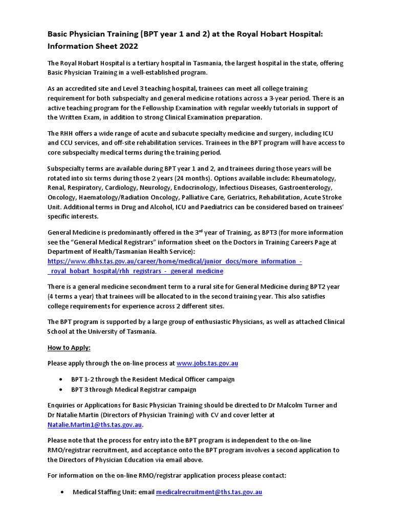 Basic Physician Training (BPT Year 1 and 2) at The Royal Hobart Hospital: Information Sheet 2022 ...