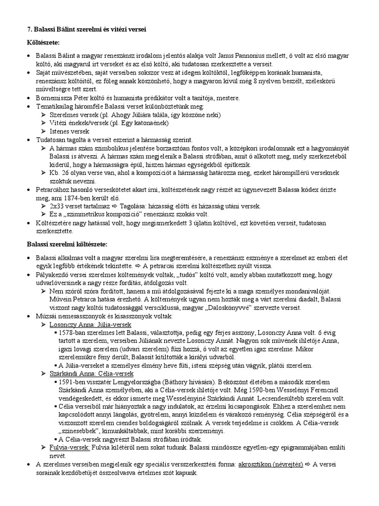 Balassi Bálint Szerelmi És Vitézi Versei | PDF