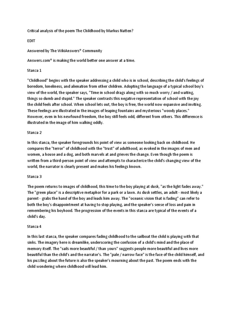 Critical Analysis of The Poem The Childhood by Markus Natten | PDF ...