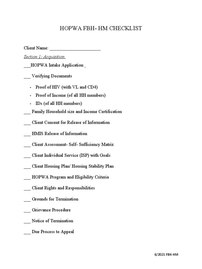 Hopwa FBH Checklist | PDF