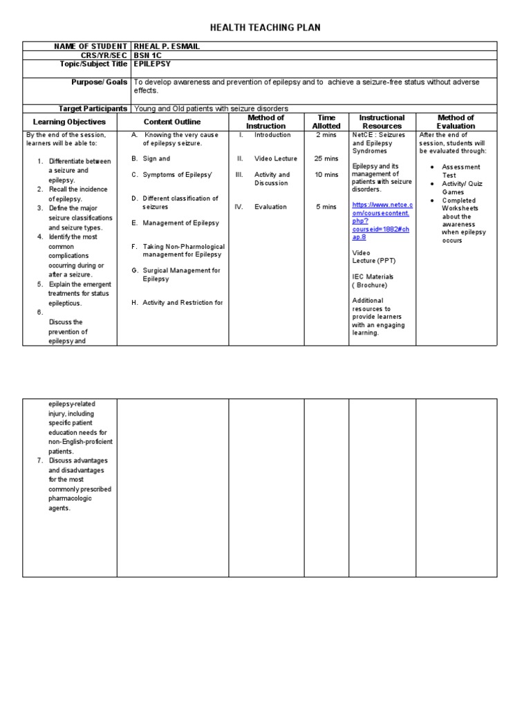 Health Teaching Plan: Effects | PDF | Epilepsy | Neurology