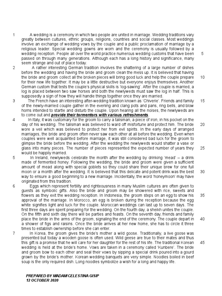 Form 5 Reading Comprehension 12/10/2020 | PDF | Wedding | Bride
