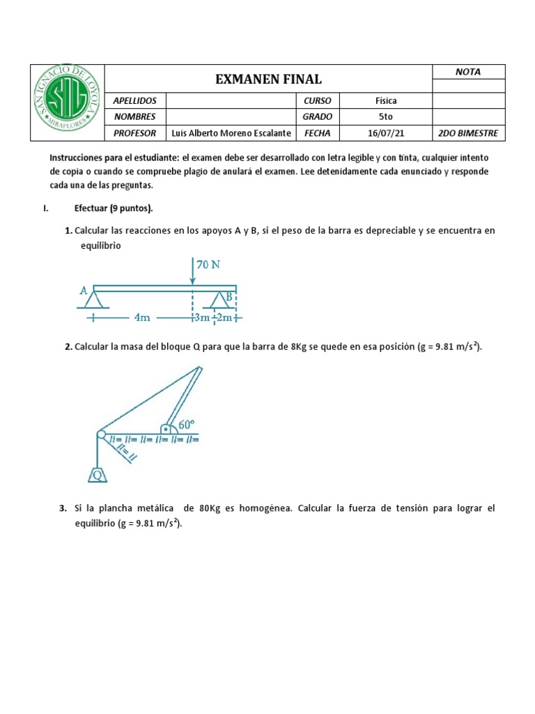 Examen Final 2do Bim-Física 5to Sec | PDF