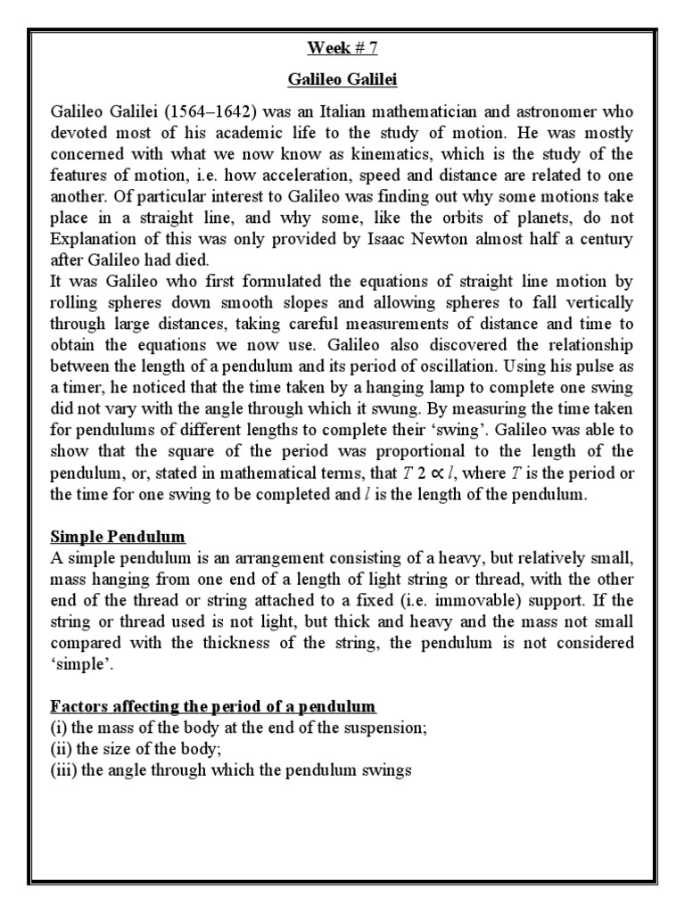 Week # 7 Galileo Galilei | PDF