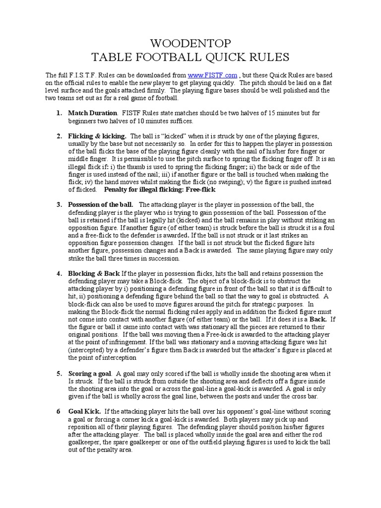 Quick Rules for Table Football | PDF | Association Football | Ball Games