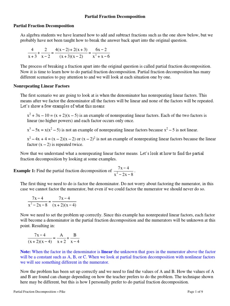 Partial Fraction Decomposition Partial Fraction Decomposition | PDF ...