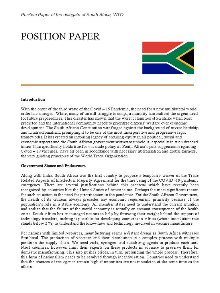 Position Paper: Position Paper of The Delegate of South Africa, WTO ...
