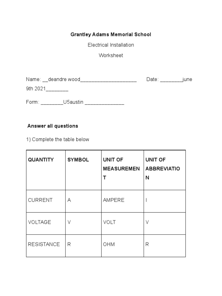 Electrical Installation Worksheet: Grantley Adams Memorial School | PDF ...